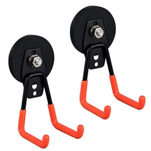 ulibermagnet heavy duty magnetic garage hooks,strong large magnet hooks for power drill,garden tools,hose,pegboard,garage, workshop,2 pack magnetic storage hooks for indoor outdoor hanging(orange)