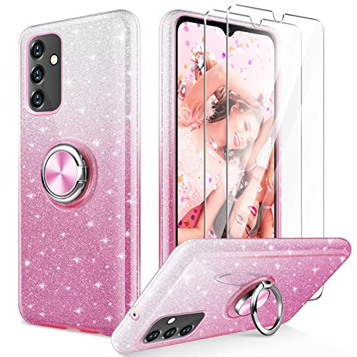 KSWOUS for Galaxy A13 5G Case with Screen Protector [2 Pack], Glitter Sparkly Bling Pink Protective Cover with Kickstand for Women Girls Slim Shockproof Case for Samsung A13 Phone Case (Pink)