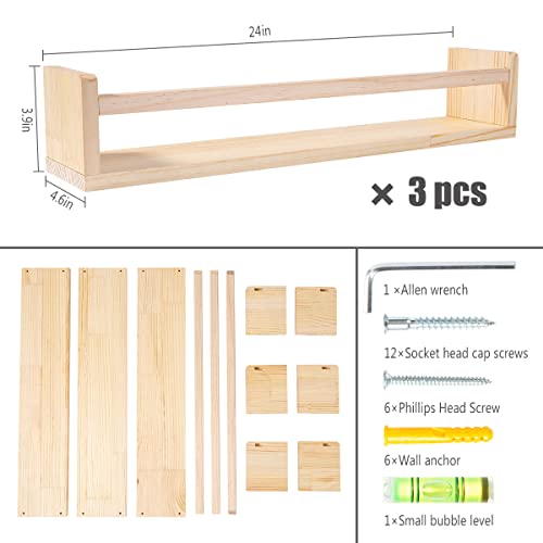 MBYD 24 Inch Floating Bookshelves, Handmade Natural Wood Wall Shelf, Wall Book Shelf for Kitchen Spice Rack or Bathroom Shelves, Set of 3 Same Dimensions