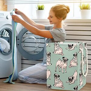 Inhomer Mustard Green Dog Pug Large Laundry Hamper Waterproof Collapsible Clothes Hamper Basket for Clothing Toy Organizer, Home Decor for Bedroom Bathroom