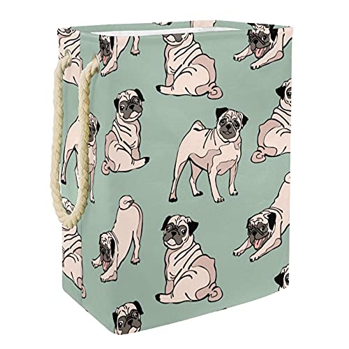 Inhomer Mustard Green Dog Pug Large Laundry Hamper Waterproof Collapsible Clothes Hamper Basket for Clothing Toy Organizer, Home Decor for Bedroom Bathroom