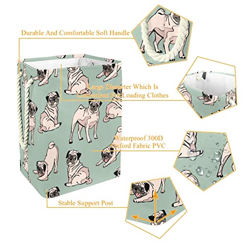 Inhomer Mustard Green Dog Pug Large Laundry Hamper Waterproof Collapsible Clothes Hamper Basket for Clothing Toy Organizer, Home Decor for Bedroom Bathroom