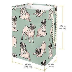 Inhomer Mustard Green Dog Pug Large Laundry Hamper Waterproof Collapsible Clothes Hamper Basket for Clothing Toy Organizer, Home Decor for Bedroom Bathroom