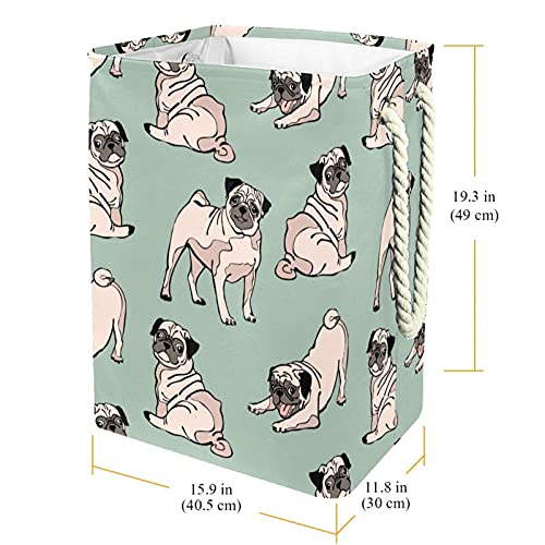 Inhomer Mustard Green Dog Pug Large Laundry Hamper Waterproof Collapsible Clothes Hamper Basket for Clothing Toy Organizer, Home Decor for Bedroom Bathroom