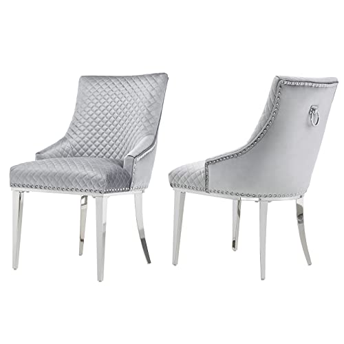 AZhome Dining Chairs, High-End Silver Gray Velvet Upholstered Dining Room Chairs with Silver Metal Legs, Set of 2