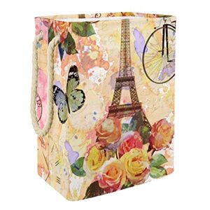 inhomer vintage paris eiffel tower rose butterfly large laundry hamper waterproof collapsible clothes hamper basket for clothing toy organizer, home decor for bedroom bathroom