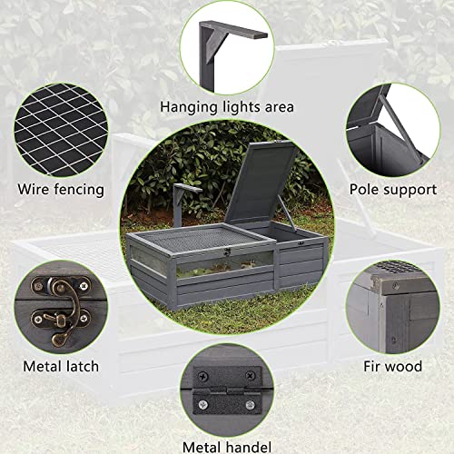 LEISU Wooden Tortoise House with Light Support Frame Lockable Tortoises Enclosure Turtle Habitat with Wire Top and Handle, Outdoor Reptile Cage (Grey)