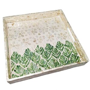 14 inch green beige mother of pearl tray, large lacquer serving tray with handles and 2 inch wall, square shell ottoman coffee table tray, decorative bone inlay tray for food, accent, s, i-lan (35cm)