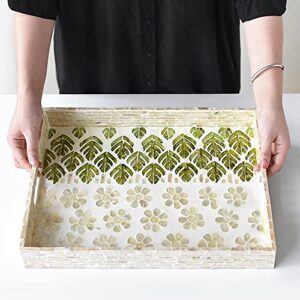 14 Inch Green Beige Mother of Pearl Tray, Large Lacquer Serving Tray with Handles and 2 Inch Wall, Square Shell Ottoman Coffee Table Tray, Decorative Bone Inlay Tray for Food, Accent, S, I-lan (35cm)