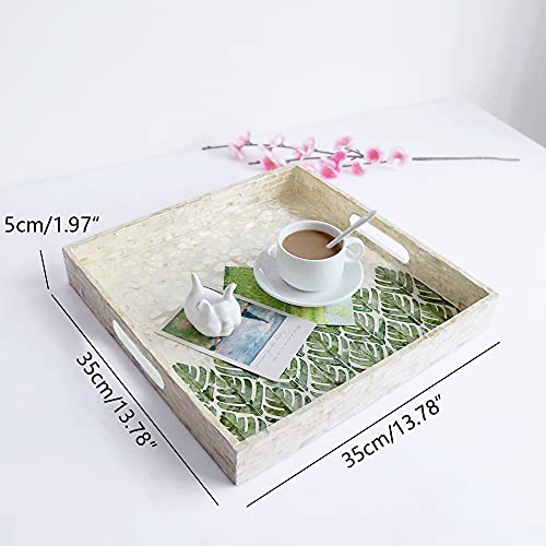 14 Inch Green Beige Mother of Pearl Tray, Large Lacquer Serving Tray with Handles and 2 Inch Wall, Square Shell Ottoman Coffee Table Tray, Decorative Bone Inlay Tray for Food, Accent, S, I-lan (35cm)