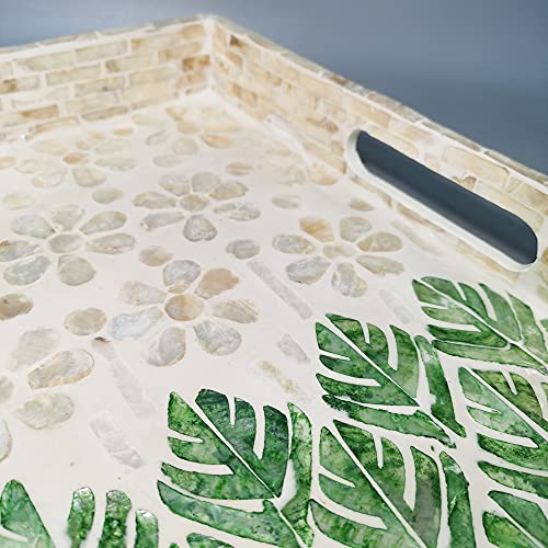 14 Inch Green Beige Mother of Pearl Tray, Large Lacquer Serving Tray with Handles and 2 Inch Wall, Square Shell Ottoman Coffee Table Tray, Decorative Bone Inlay Tray for Food, Accent, S, I-lan (35cm)