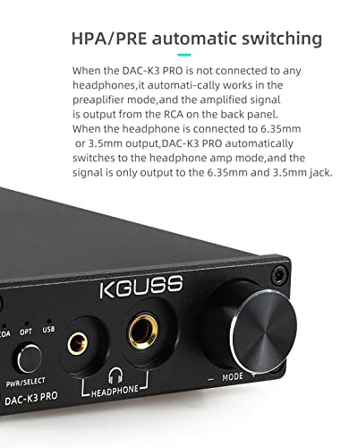 KGUSS DAC-K3 PRO USB DAC Headphone Amplifier Mini HiFi Optical/Coaxial/USB DAC Decoder Audio 24Bit 192KHz DA Converter ESS9018K2M Decoder Multifunctional Preamp Desktop Amplifier (Black)