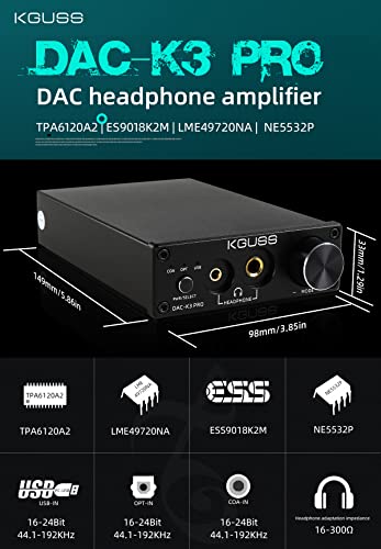 KGUSS DAC-K3 PRO USB DAC Headphone Amplifier Mini HiFi Optical/Coaxial/USB DAC Decoder Audio 24Bit 192KHz DA Converter ESS9018K2M Decoder Multifunctional Preamp Desktop Amplifier (Black)