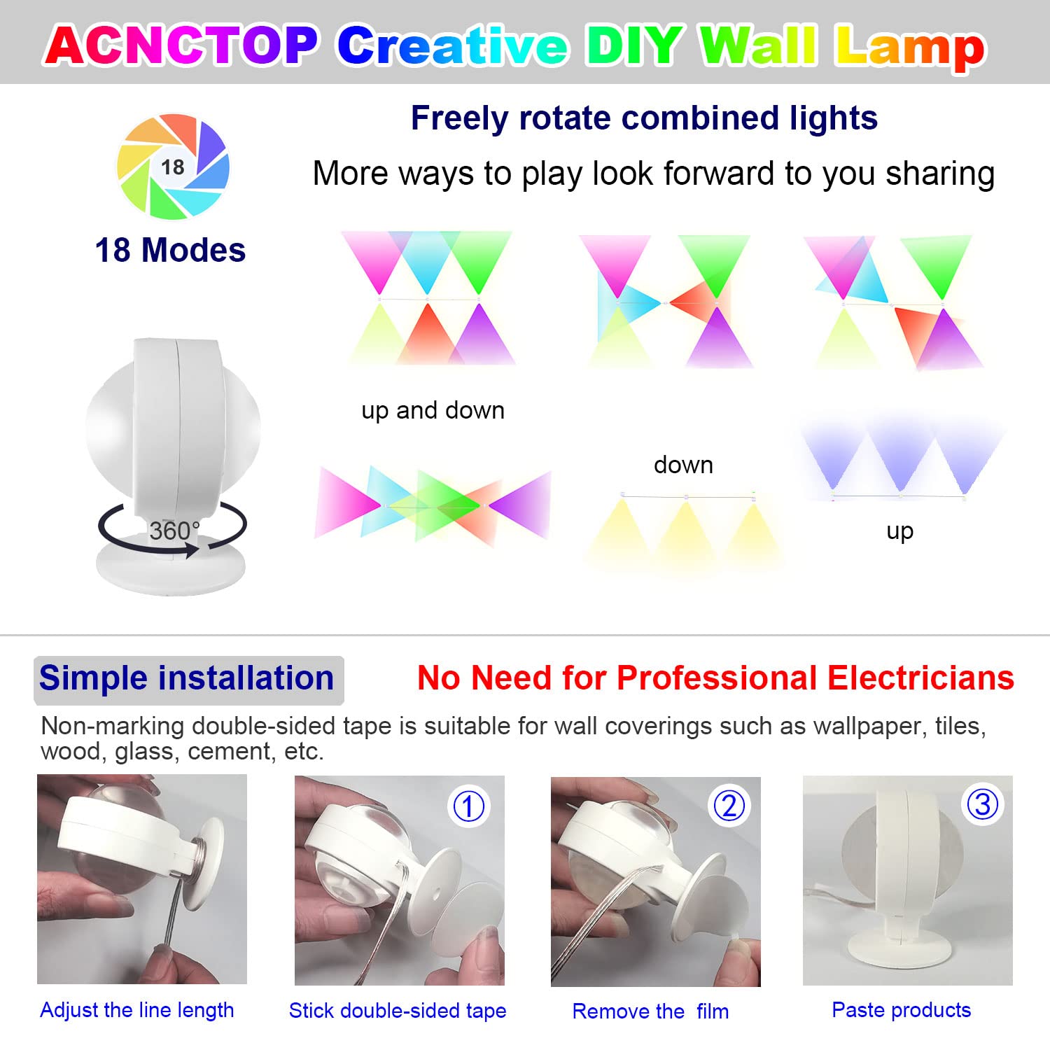 ACNCTOP Novelty Ambient and Mood Lighting 360° Rotating DIY Wall Art Decor RGB Bar LED Wall Light for Bedroom,Living Room,Room,Hallway,Stair,Modern Home Decoration