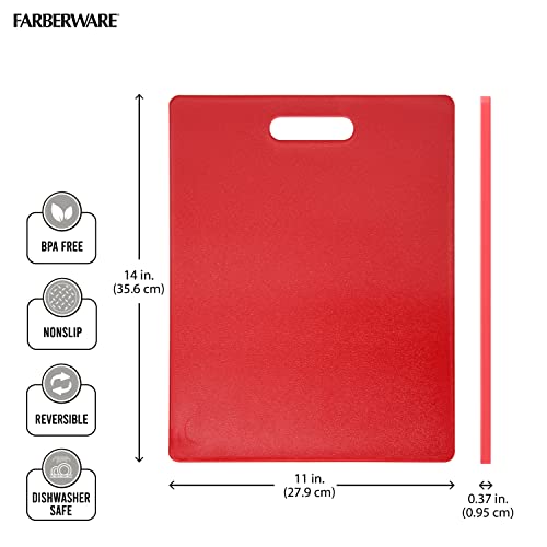 Farberware Large Plastic Cutting Board, Dishwasher- Safe Poly Chopping Board for Kitchen Meal Prep with Easy Grip Handle, 11x14-Inch, Red