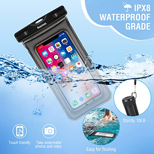 Rosimax Waterproof Phone Pouch Floating IPX8 Underwater Snorkeling Diving Cell Phone Case Dry Bag for iPhone 13 12 11 Pro Max Xs XR X 8 7 6S Galaxy S20 S10 Plus S10e Note 10 9 Pixel up to 7" (Black)