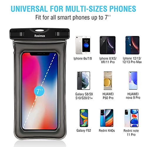 Rosimax Waterproof Phone Pouch Floating IPX8 Underwater Snorkeling Diving Cell Phone Case Dry Bag for iPhone 13 12 11 Pro Max Xs XR X 8 7 6S Galaxy S20 S10 Plus S10e Note 10 9 Pixel up to 7" (Black)