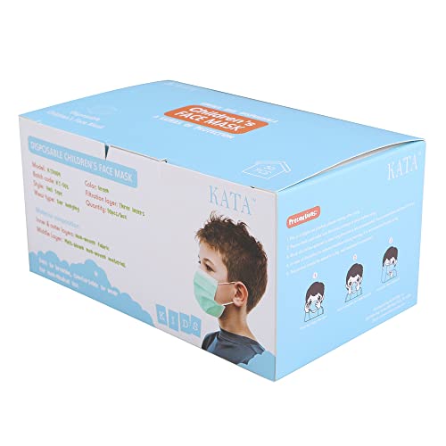 KATA 3-Ply Pleated Disposable Children's Face Masks, One Size, Green, Box Of 50 Masks