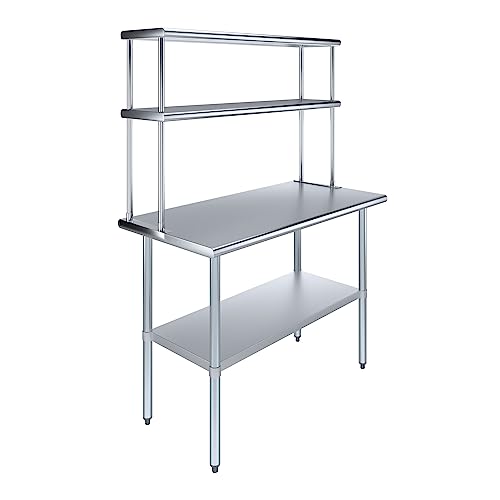 24" x 48" Stainless Steel Work Table with 12" Wide Double Tier Overshelf | Metal Kitchen Prep Table & Shelving Combo