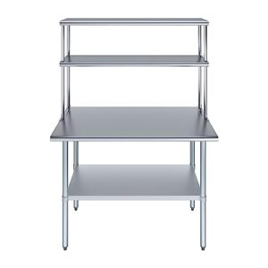 24" x 48" Stainless Steel Work Table with 12" Wide Double Tier Overshelf | Metal Kitchen Prep Table & Shelving Combo