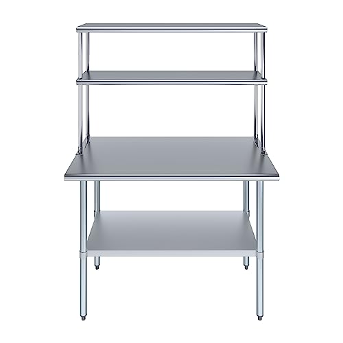 24" x 48" Stainless Steel Work Table with 12" Wide Double Tier Overshelf | Metal Kitchen Prep Table & Shelving Combo