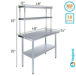 24" x 48" Stainless Steel Work Table with 12" Wide Double Tier Overshelf | Metal Kitchen Prep Table & Shelving Combo