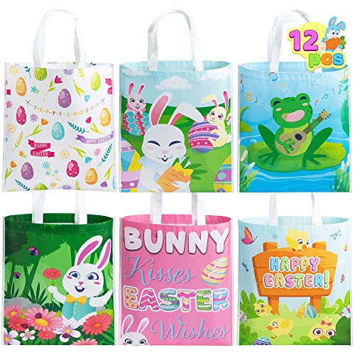 JOYIN 12 Pcs Easter Tote Bags, 17"x15" Canvas Creamed Tone Gift Kraft Treat Goodie Reusable Grocery Bags and Basket with Handles for Easter Egg Hunt Party Favors