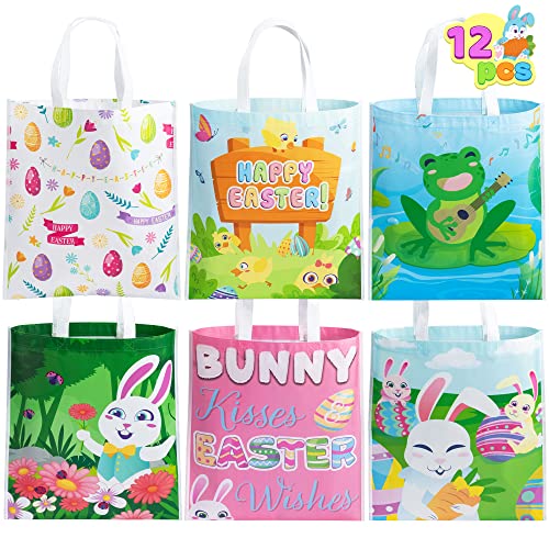 JOYIN 12 Pcs Easter Tote Bags, 17"x15" Canvas Creamed Tone Gift Kraft Treat Goodie Reusable Grocery Bags and Basket with Handles for Easter Egg Hunt Party Favors