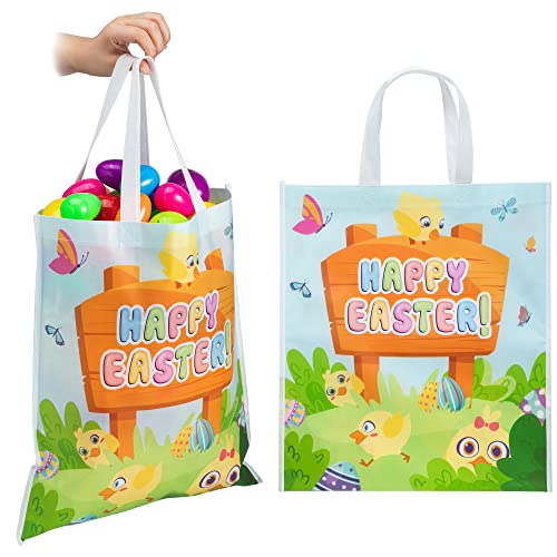 JOYIN 12 Pcs Easter Tote Bags, 17"x15" Canvas Creamed Tone Gift Kraft Treat Goodie Reusable Grocery Bags and Basket with Handles for Easter Egg Hunt Party Favors