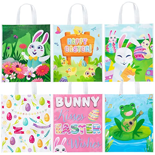 JOYIN 12 Pcs Easter Tote Bags, 17"x15" Canvas Creamed Tone Gift Kraft Treat Goodie Reusable Grocery Bags and Basket with Handles for Easter Egg Hunt Party Favors