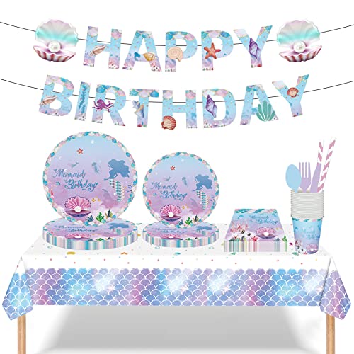 UOMNICUE Mermaid Birthday Party Supplies and Decorations Set, Paper Plates Paper Cups Napkins Straws Cutlery Tablecloth and Happy Birthday Banner for Kids Girls Mermaid Themed Party Favors, Serves 10