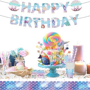 UOMNICUE Mermaid Birthday Party Supplies and Decorations Set, Paper Plates Paper Cups Napkins Straws Cutlery Tablecloth and Happy Birthday Banner for Kids Girls Mermaid Themed Party Favors, Serves 10