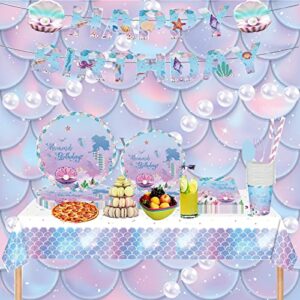 UOMNICUE Mermaid Birthday Party Supplies and Decorations Set, Paper Plates Paper Cups Napkins Straws Cutlery Tablecloth and Happy Birthday Banner for Kids Girls Mermaid Themed Party Favors, Serves 10