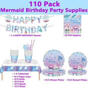 UOMNICUE Mermaid Birthday Party Supplies and Decorations Set, Paper Plates Paper Cups Napkins Straws Cutlery Tablecloth and Happy Birthday Banner for Kids Girls Mermaid Themed Party Favors, Serves 10