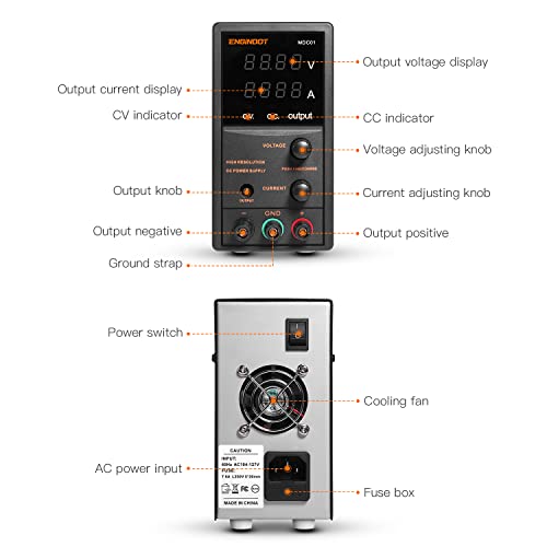 DC Power Supply Variable, ENGINDOT 30V 5A Adjustable DC Bench Power Supply with 4 Digit LED Display, Data Hold, Coarse and Fine Adjustment (10mV, 1mA) with 110V/45.3" Alligator Lead