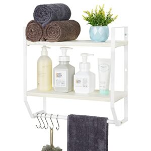 bathroom shelf with towel bar 2 tier wall mounted industrial towel rack with shelf 5 hooks for bathroom kitchen living room (white)