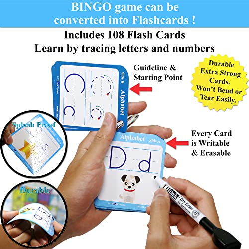 Think2Master Bingo & Flashcards. Alphabet, Numbers, Words (PreK, Kindergarten, 1st) Claim Squares By Writing On The Card. Educational Game for Families, Home School & Classrooms. Learn To Read & Write