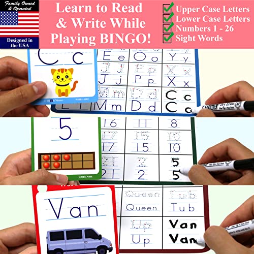 Think2Master Bingo & Flashcards. Alphabet, Numbers, Words (PreK, Kindergarten, 1st) Claim Squares By Writing On The Card. Educational Game for Families, Home School & Classrooms. Learn To Read & Write