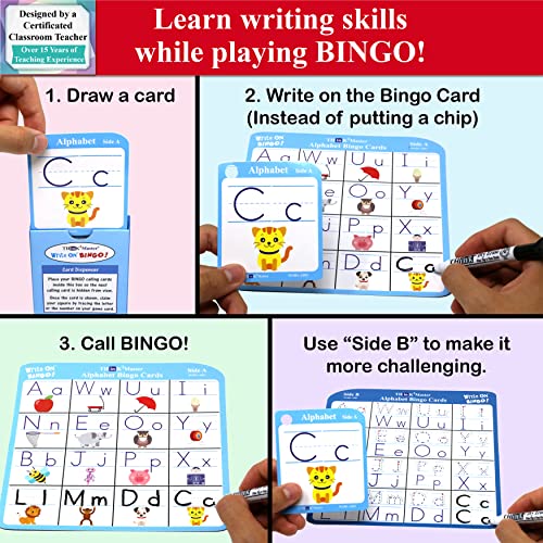 Think2Master Bingo & Flashcards. Alphabet, Numbers, Words (PreK, Kindergarten, 1st) Claim Squares By Writing On The Card. Educational Game for Families, Home School & Classrooms. Learn To Read & Write