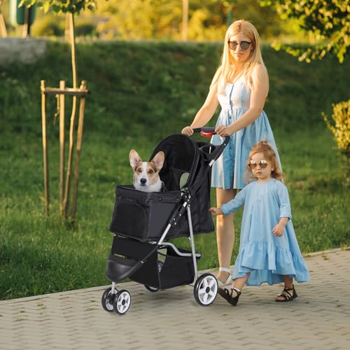 Foldable Pet Stroller for Cats and Dogs 3 Wheels Carrier Strolling Cart with Weather Cover, Storage Basket + Cup Holder