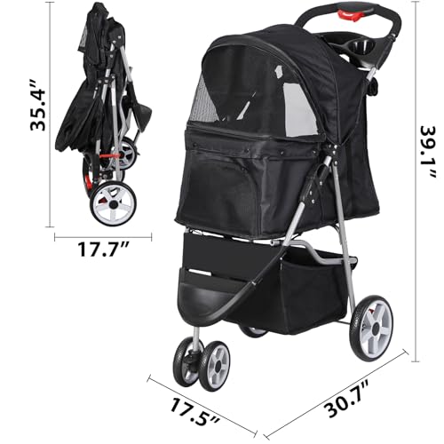 Foldable Pet Stroller for Cats and Dogs 3 Wheels Carrier Strolling Cart with Weather Cover, Storage Basket + Cup Holder