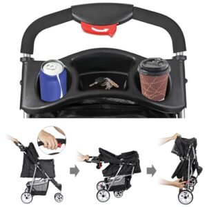 Foldable Pet Stroller for Cats and Dogs 3 Wheels Carrier Strolling Cart with Weather Cover, Storage Basket + Cup Holder