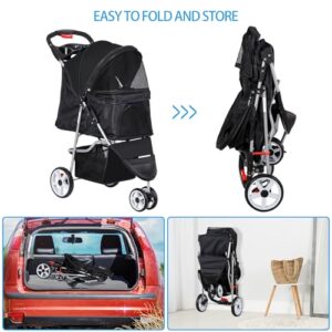 Foldable Pet Stroller for Cats and Dogs 3 Wheels Carrier Strolling Cart with Weather Cover, Storage Basket + Cup Holder