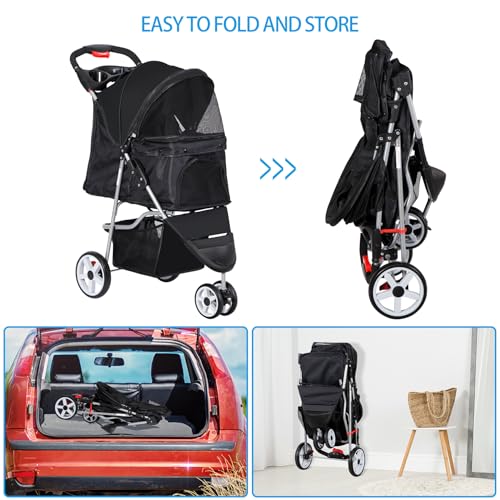 Foldable Pet Stroller for Cats and Dogs 3 Wheels Carrier Strolling Cart with Weather Cover, Storage Basket + Cup Holder