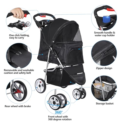 Foldable Pet Stroller for Cats and Dogs 3 Wheels Carrier Strolling Cart with Weather Cover, Storage Basket + Cup Holder