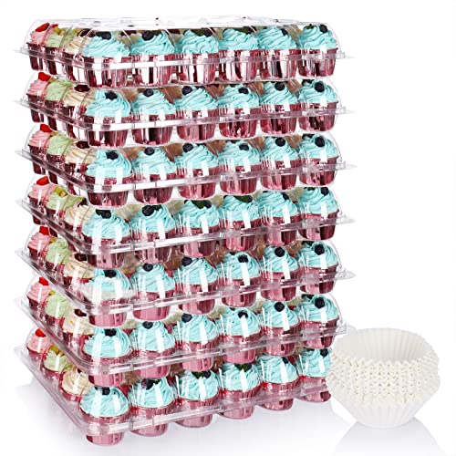 Farielyn-X (24 Pack x 7 Sets) Stackable Cupcake Carrier Holders with 168 Pack Cupcake Liners, Plastic Boxes for 24 Cupcakes, Clear Disposable Tall Dome Lid Cupcake Trays/Containers