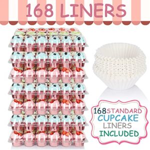 Farielyn-X (24 Pack x 7 Sets) Stackable Cupcake Carrier Holders with 168 Pack Cupcake Liners, Plastic Boxes for 24 Cupcakes, Clear Disposable Tall Dome Lid Cupcake Trays/Containers