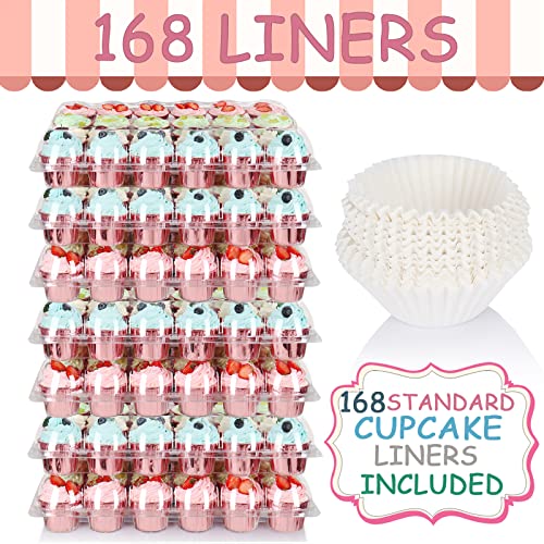 Farielyn-X (24 Pack x 7 Sets) Stackable Cupcake Carrier Holders with 168 Pack Cupcake Liners, Plastic Boxes for 24 Cupcakes, Clear Disposable Tall Dome Lid Cupcake Trays/Containers