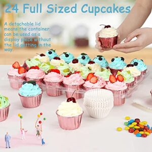 Farielyn-X (24 Pack x 7 Sets) Stackable Cupcake Carrier Holders with 168 Pack Cupcake Liners, Plastic Boxes for 24 Cupcakes, Clear Disposable Tall Dome Lid Cupcake Trays/Containers