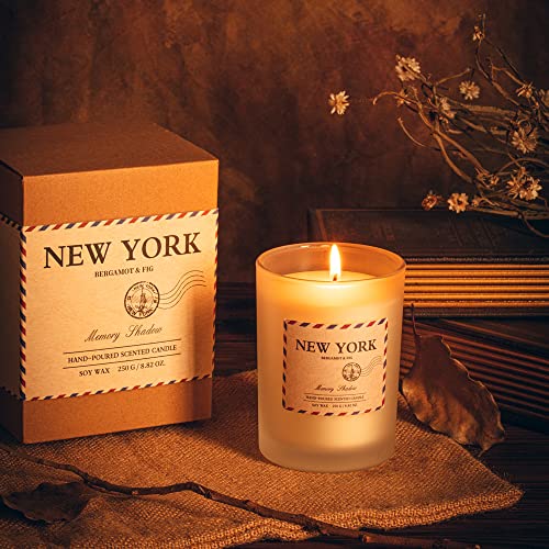 Memory Shadow Hand-Poured Scented Jar Candle - Aromatherapy Scented Candles, New York - Long Lasting Soy Wax Candle - Single Wick - Scents of Bergamot & FIG, 8.82 oz